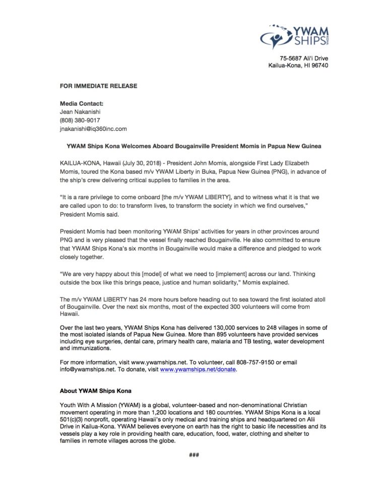 Bougainville President Welcomed onboard m/v YWAM Liberty